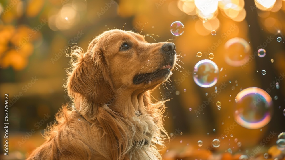 A playful scene of a dog trying to catch bubbles, with the round ...