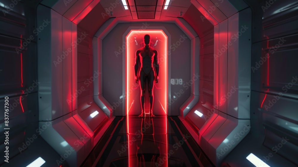 Cryogenic hibernation capsule with human body inside illuminated with ...