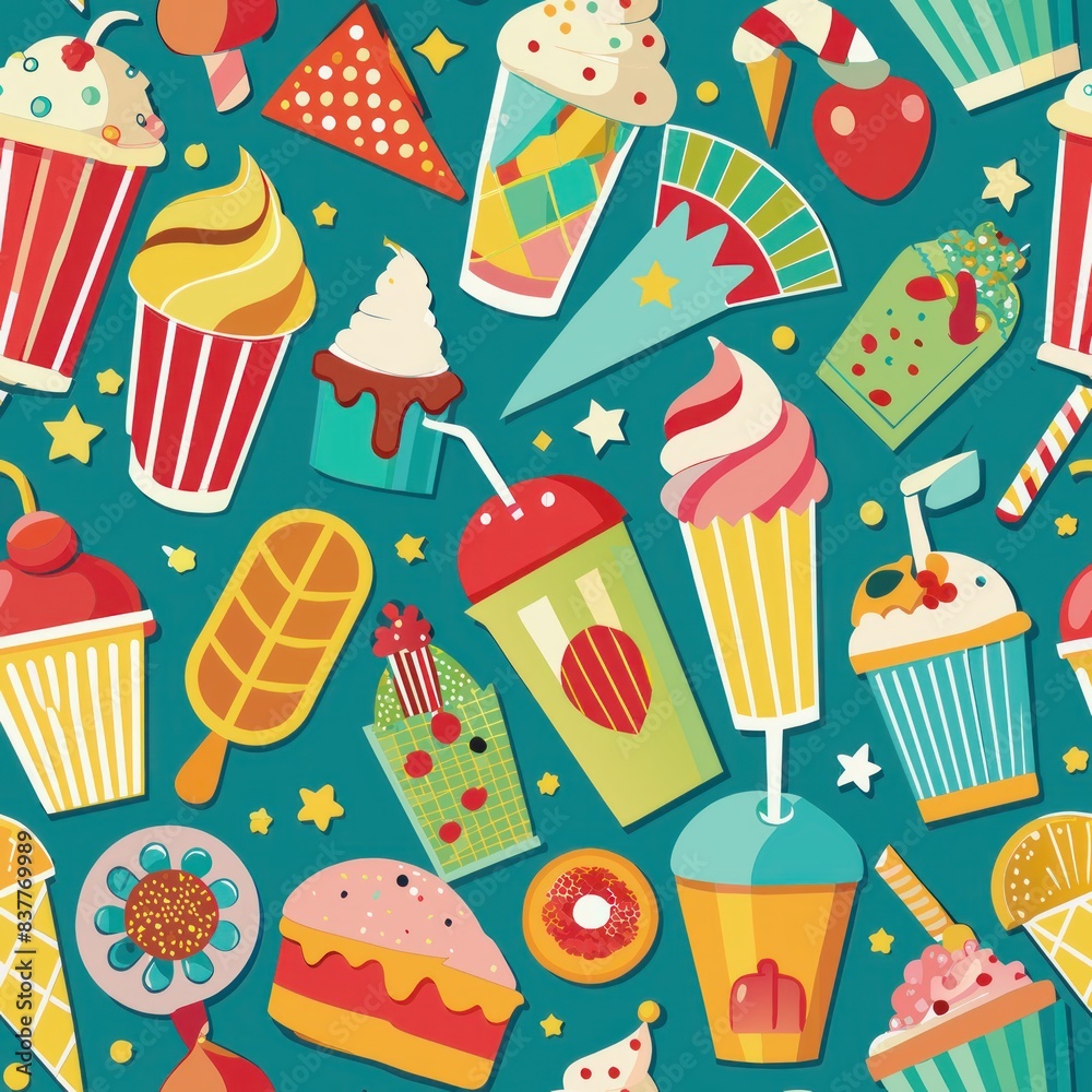 Seamless pattern of retro-inspired food and drink motifs like ice cream ...