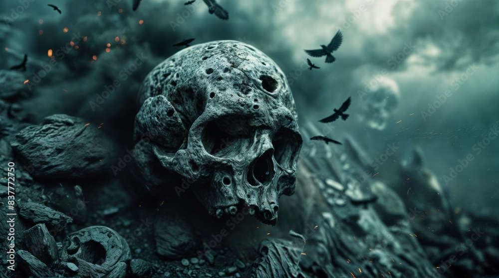 Skull and crows in a dark and eerie environment Stock Photo | Adobe Stock