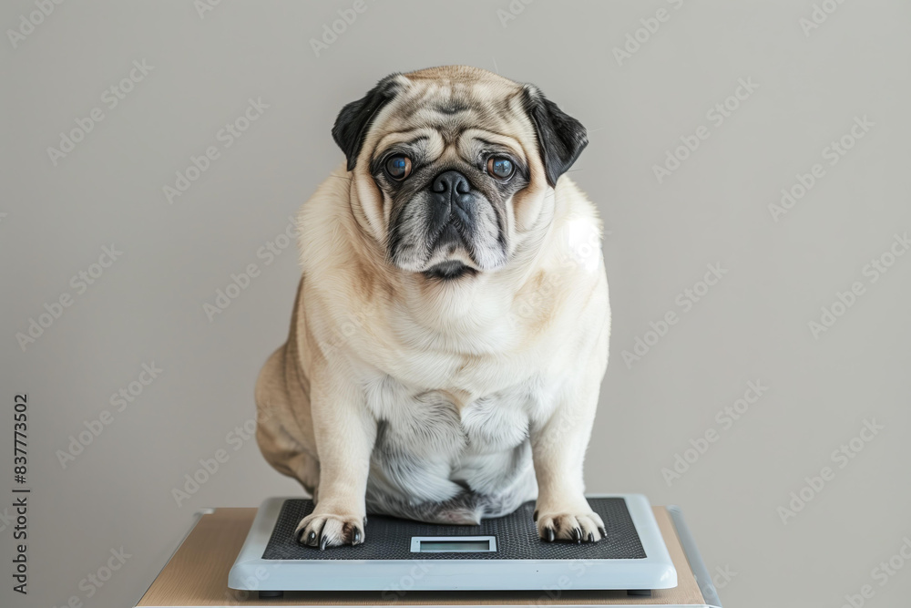 cute very fat pug sitting on top of an electric scale, chubby body ...