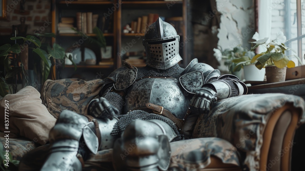 Knight in full armor relaxing on modern couch in cozy, plant-filled ...