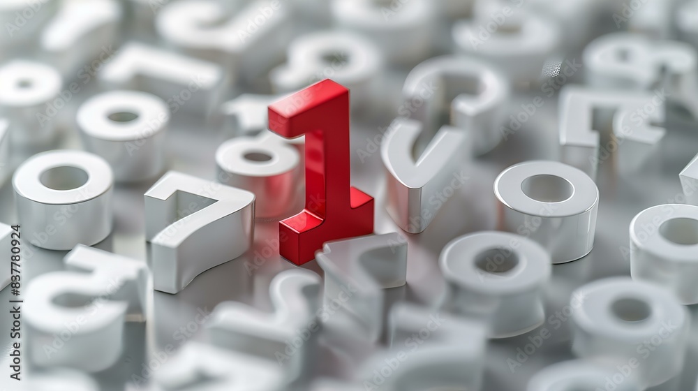 red number one standing among other white lying numbers, concept of ...