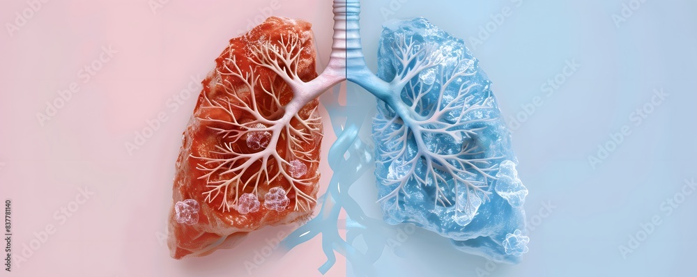 A detailed illustration of lungs divided in half, with one side showing ...