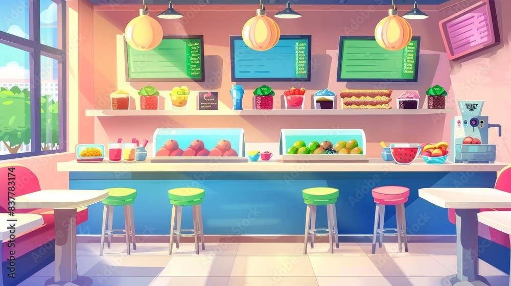 Modern empty interior of a city cafeteria, fast food cafe, food court ...