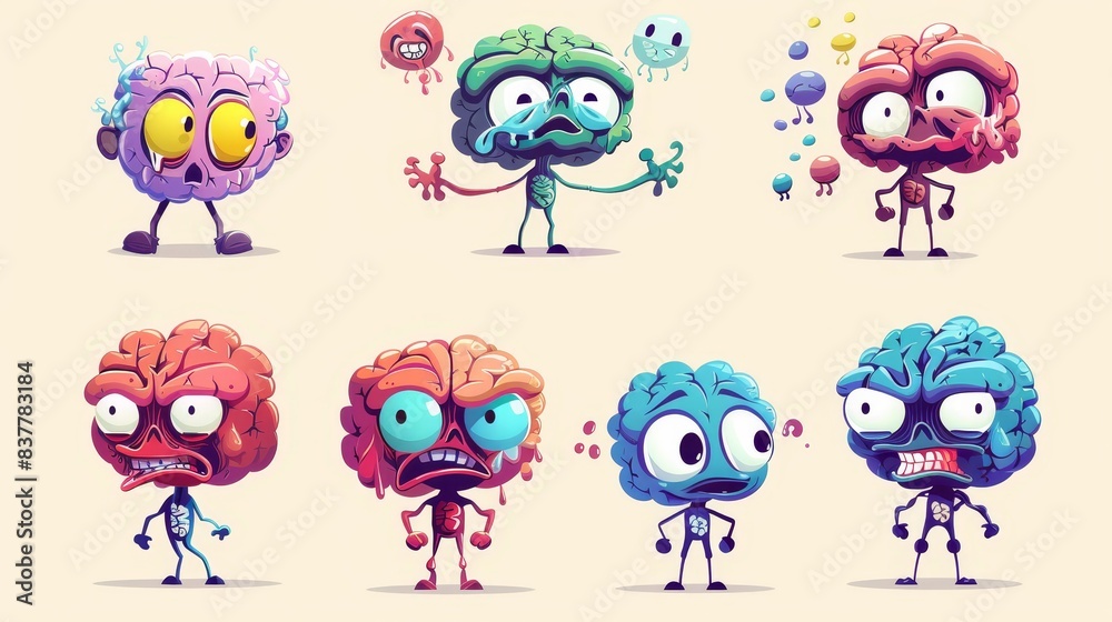 Set of cartoon characters with brain emotions and knowledge symbols ...