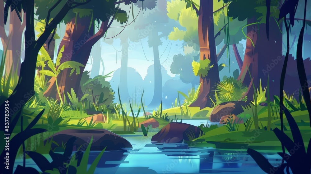 In the background is a tropical rainforest with a swamp scene with ...