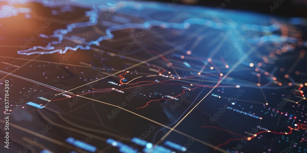 Detail of flight tracking maps on screen, close focus, twilight setting ...