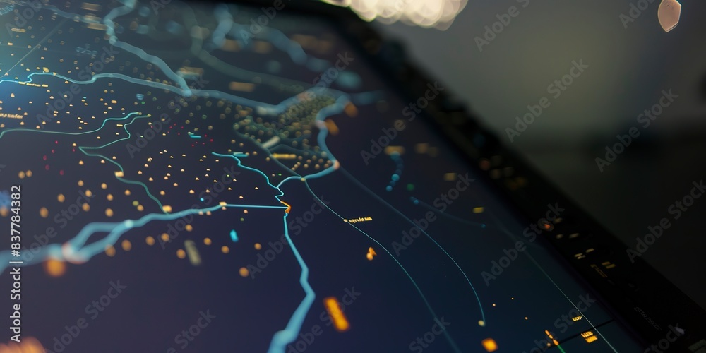 Detail of flight tracking maps on screen, close focus, twilight setting ...
