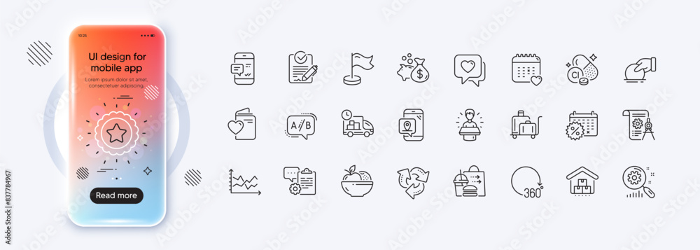 Donate, Milestone and 360 degrees line icons for web app. Phone mockup ...