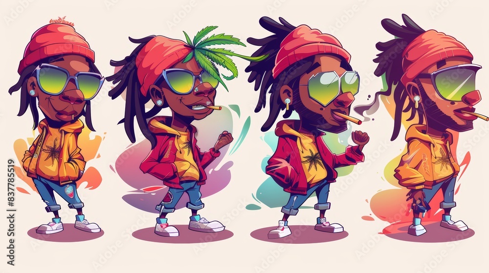 Cannabis pot leaf cartoon character wearing swag and smoking a joint in ...