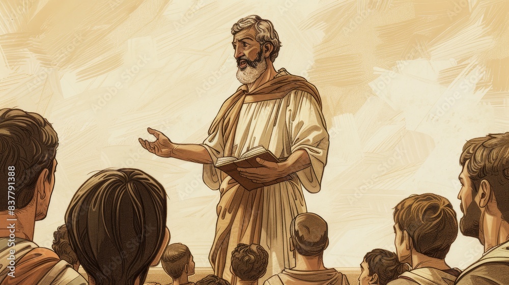 Missionary role of Saint Titus preaching to a crowd. Simple attire ...