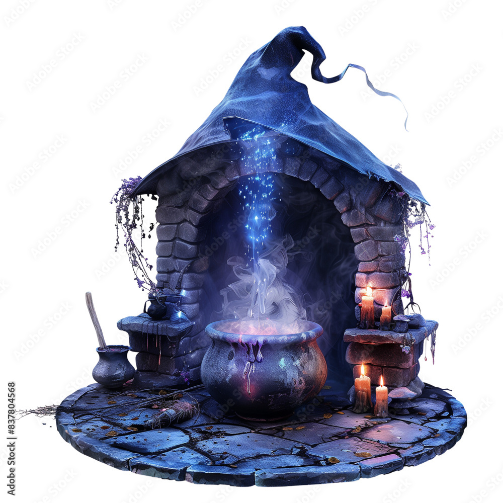 A witch's lair with a bubbling toxic cauldron at the cente isolated on ...