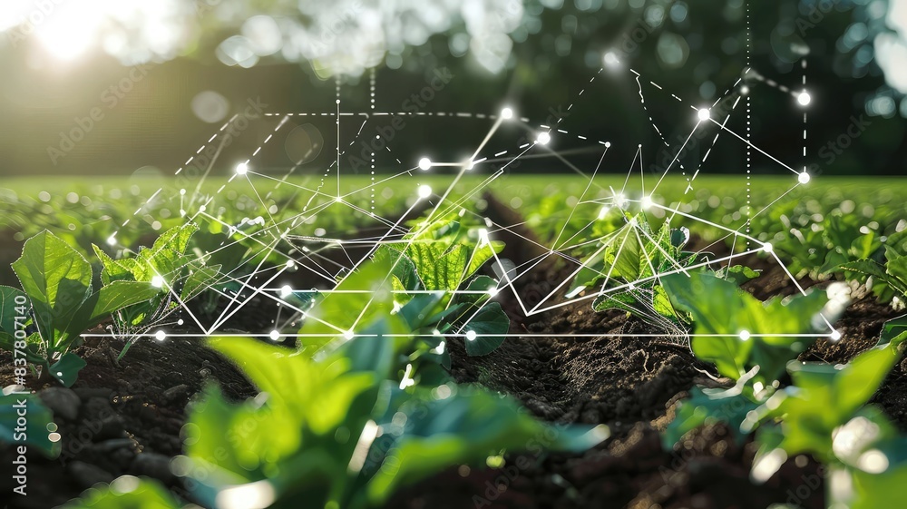 Digital network overlay on green crops, futuristic agriculture concept ...