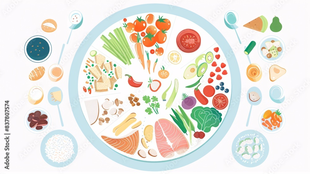 A detailed 2D outline of a healthy meal plate, showing different food ...