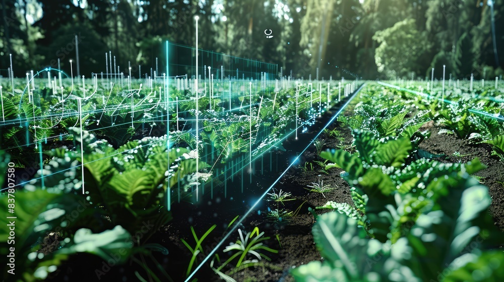 Futuristic agriculture landscape, digital technology overlay on green ...