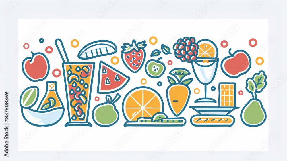 A detailed 2D outline illustration of a clean eating guide, showing ...