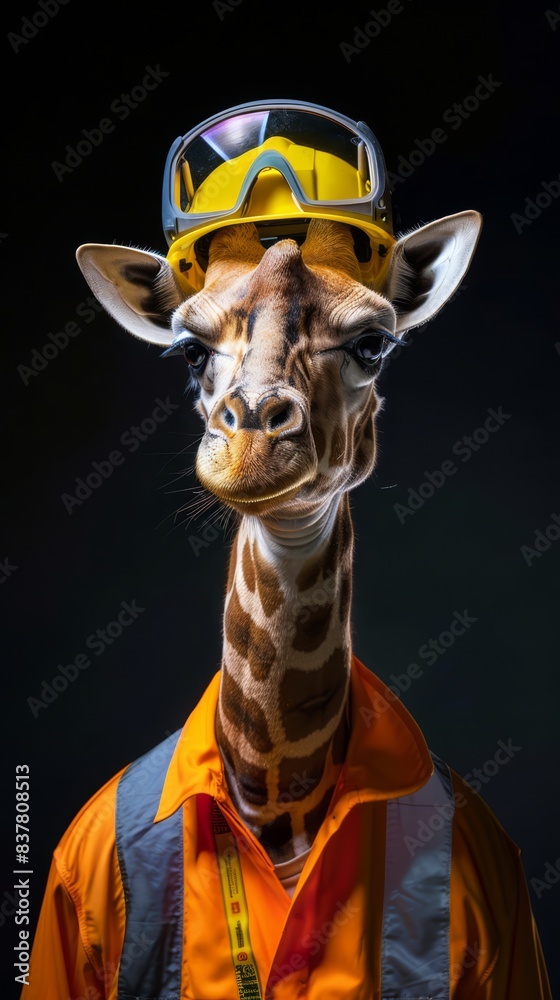 Giraffe wearing a construction engineer's uniform on a black background ...