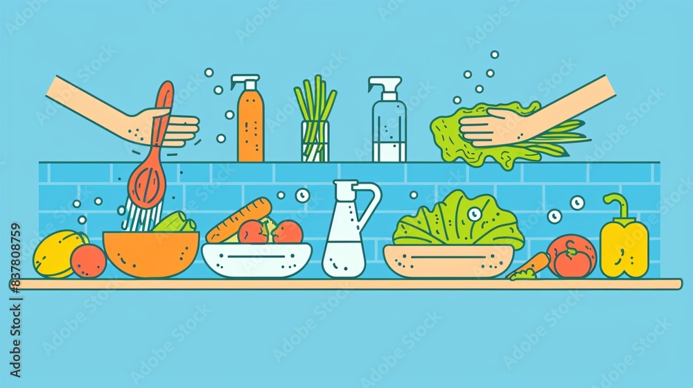A clean 2D outline illustration of a safe food handling guide, showing ...