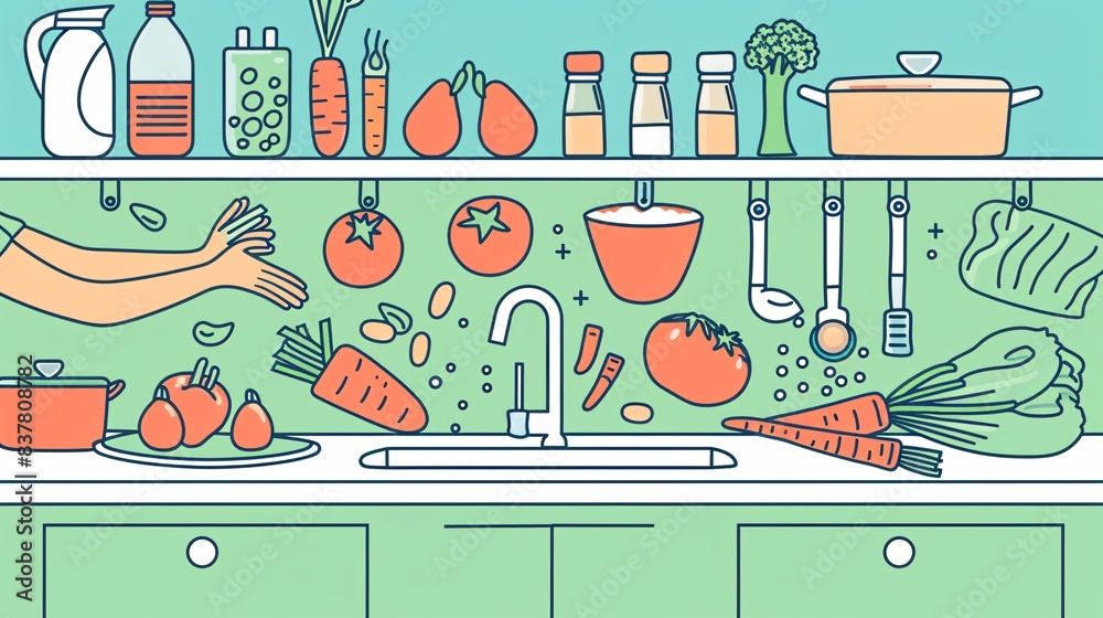 A clean 2D outline illustration of a safe food handling guide, showing ...