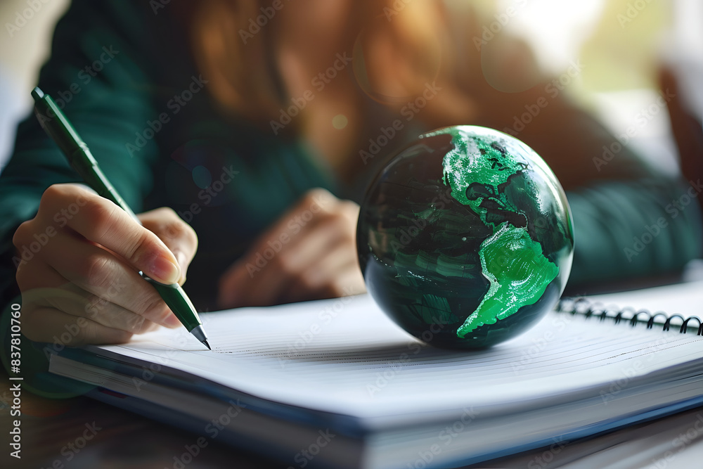 "Creating Change: Woman Drawing a Green Globe on a Notebook ...