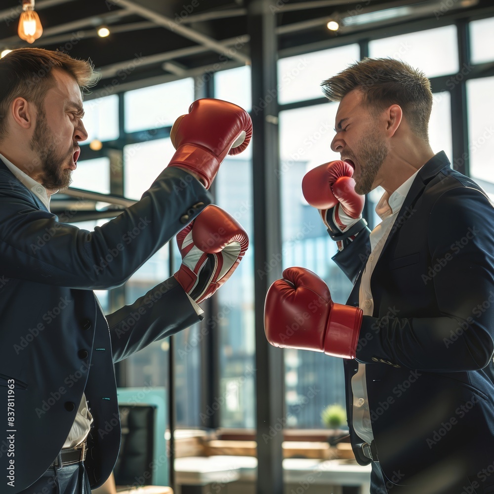 Two men in suits and red boxing gloves face each other, their intense ...
