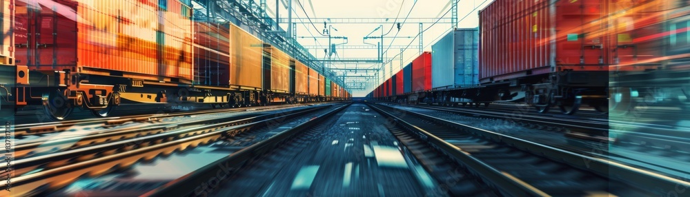 Rail intermodal. Dynamic motion blur of colorful freight train ...