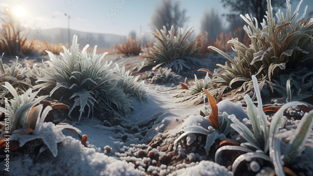 frost material, frost cover, frosty soil, frosty landscape, freezing ...