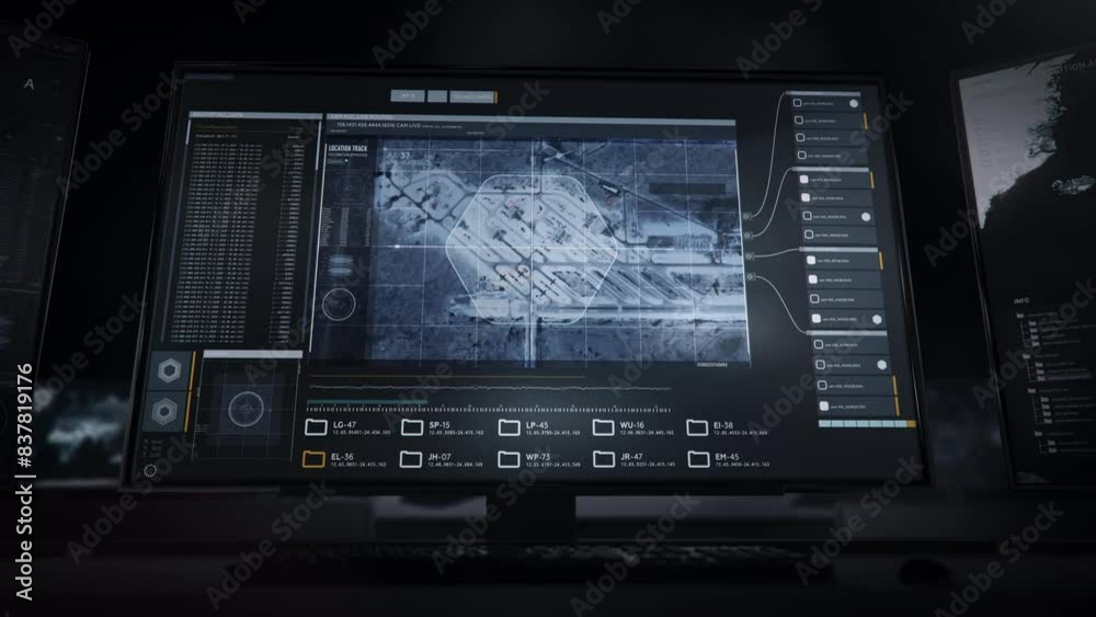 Multiple Computer Screens. Satellite Camera is flying above the City ...