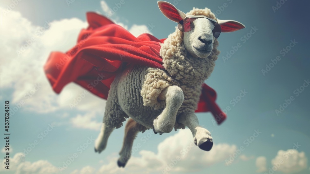 Humorous eid al-adha concept with superhero sheep flying to save the ...
