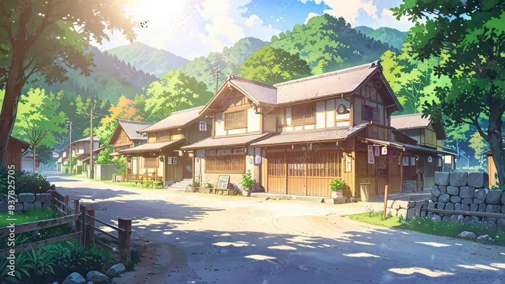 Anime video shows a street in a rural village. There are traditional ...