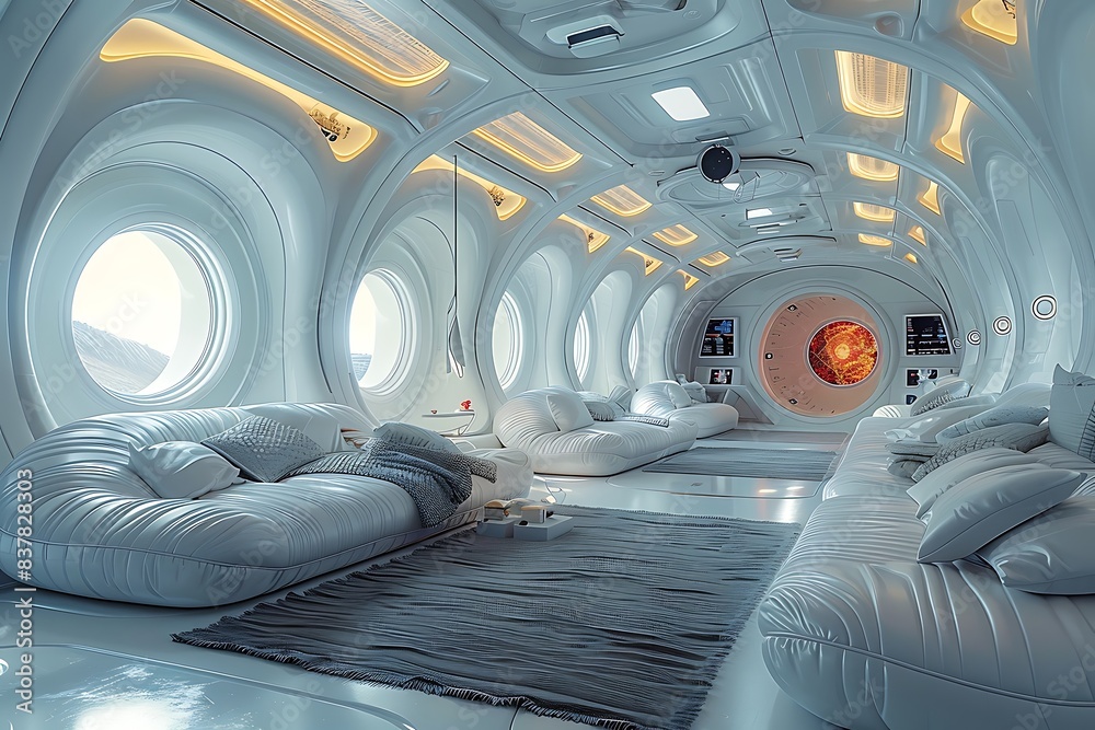 White living room in spaceship, design of habitat in starship or home ...