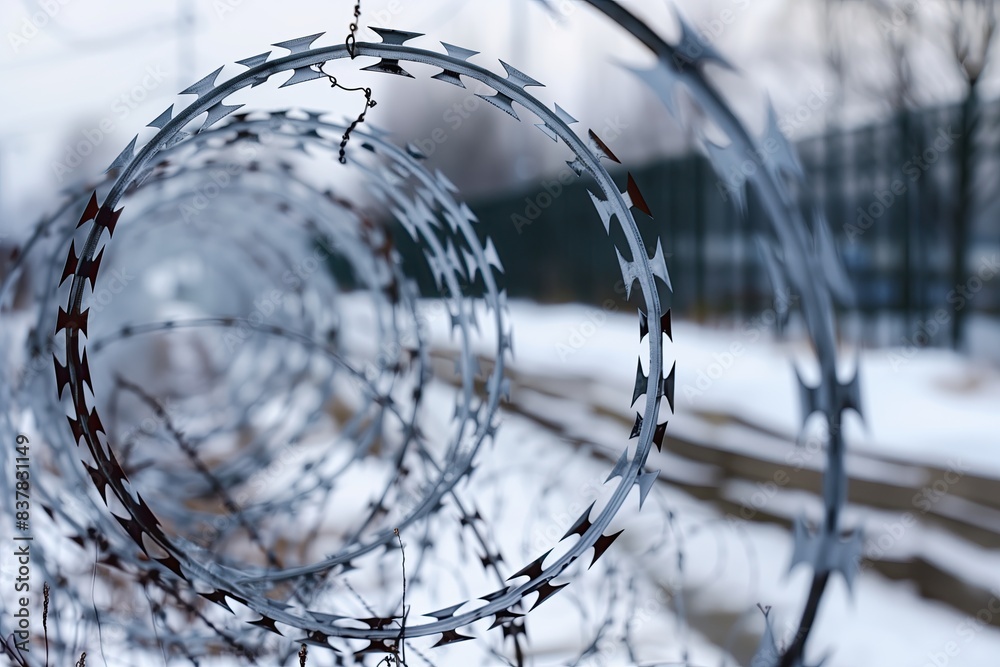 Rolls of razor wire. Barbed wire shaped like an O against the backdrop ...