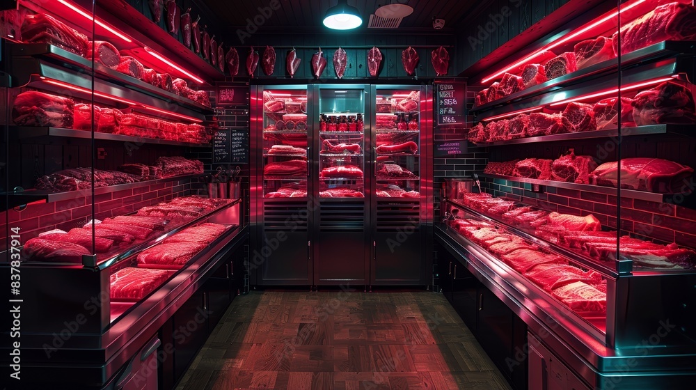 Modern butcher shop with neatly displayed fresh meat under red lighting in a refrigerated room ...