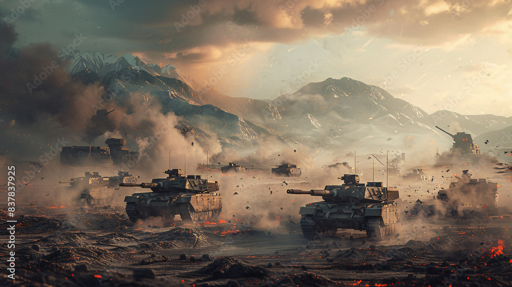 3D illustration of an army mission with heavy artillery and aggressive ...