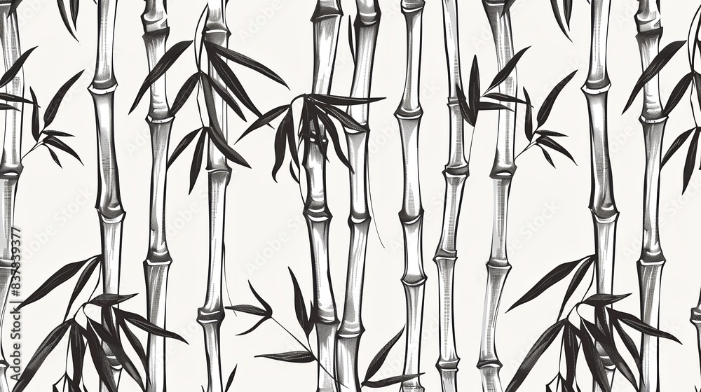 Seamless pattern of black and white bamboo stalks with leaves, creating ...