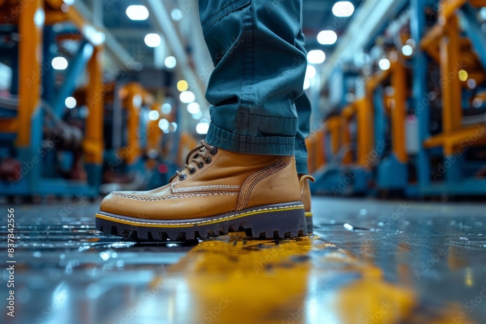 Factory worker wearing safety shoe and working uniform is standing in ...