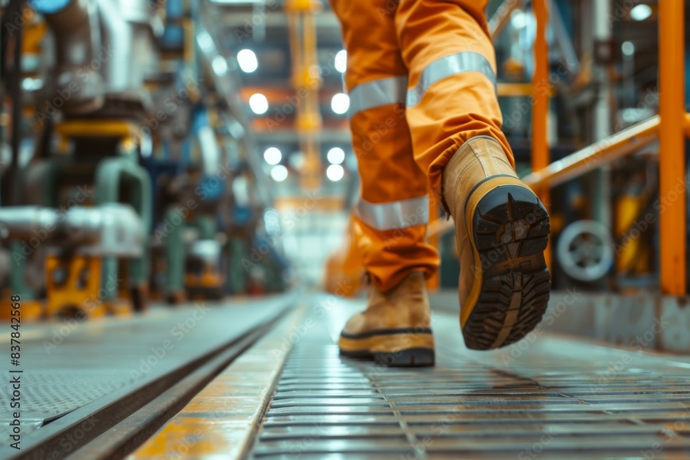 Factory worker wearing safety shoe and working uniform is standing in ...