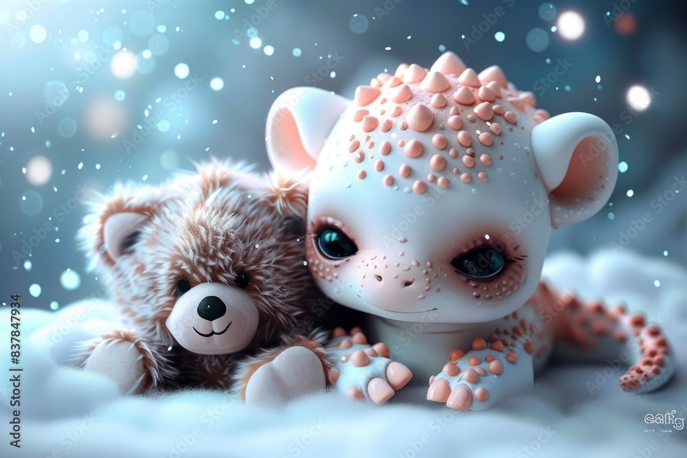 a blush pink dinosaur with peach spots cuddled up w addc31d9-9984-4ed1 ...