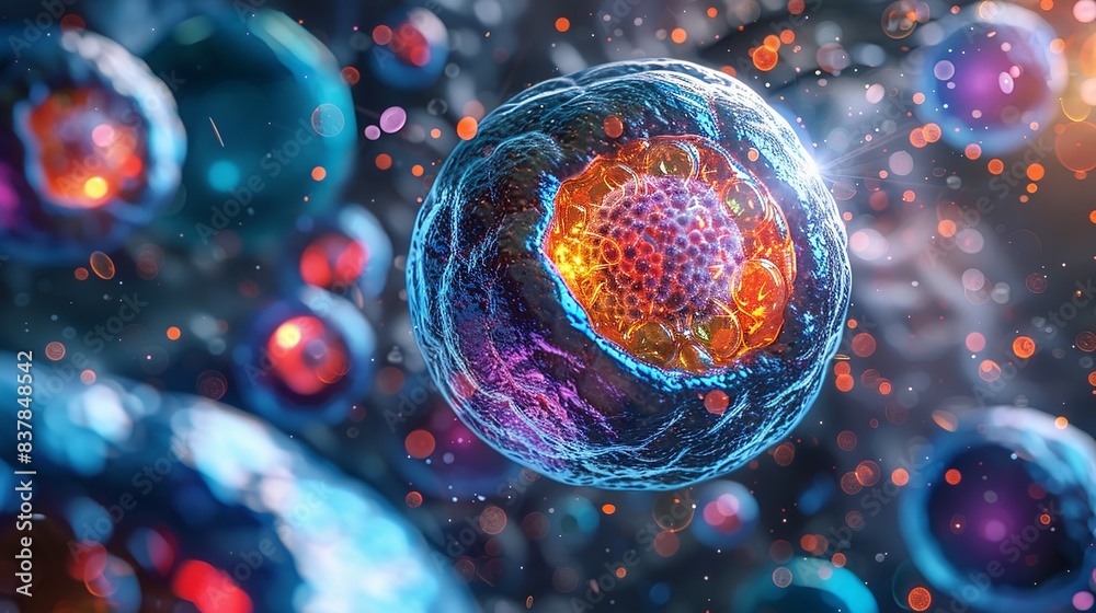 A detailed abstract illustration of a cell with various organelles ...