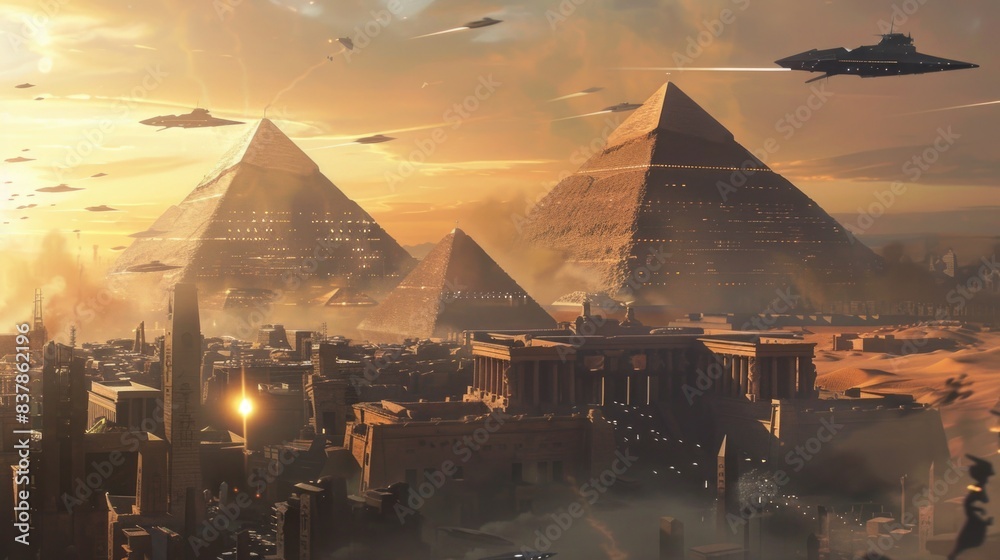 Futuristic ancient egyptian city with huge pyramids and high tech ...