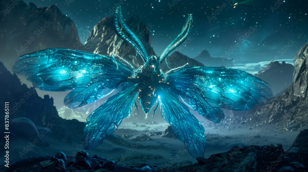 blue butterfly alien being with translucent wings and bioluminescent ...
