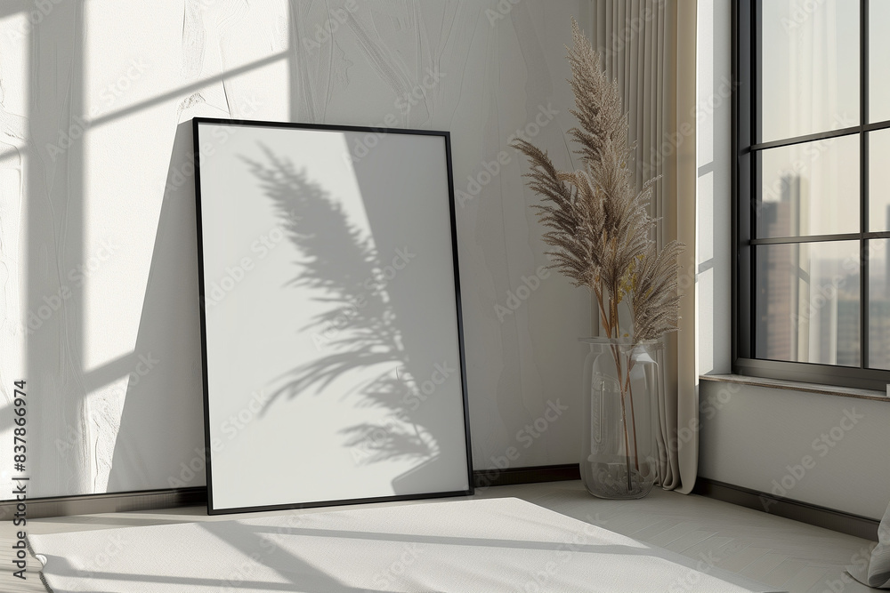 Frame mockup, ISO A paper size. Poster mockup stands on the floor in an ...