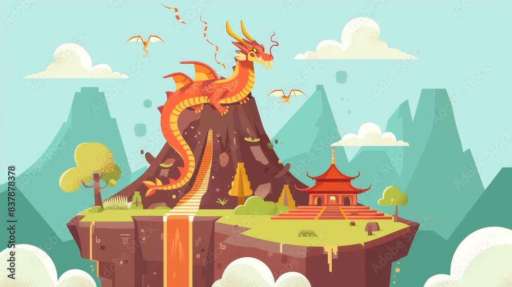 Mythical dragon volcano flat design side view hidden temple animation ...