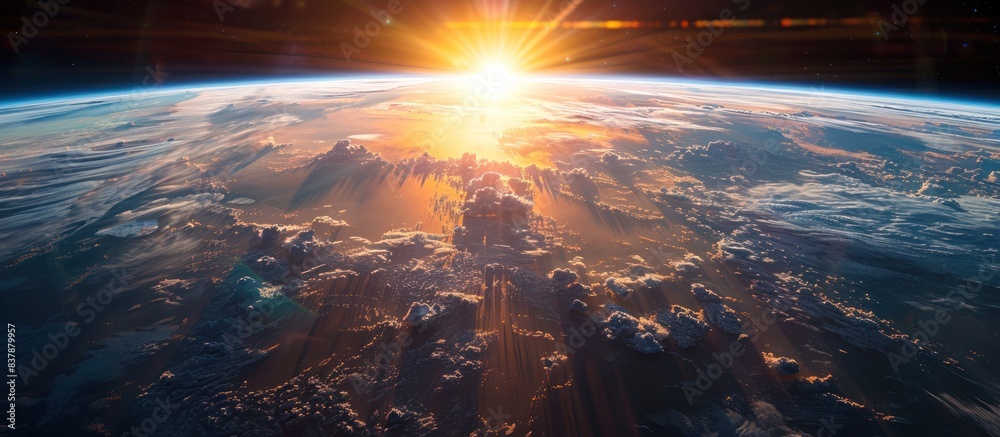 Sunrise view of the planet Earth from space with the sun setting over ...