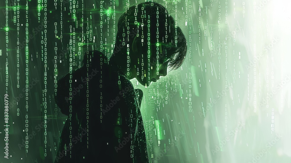 Hacker Coding In A Dark Room With Green Binary Code Projected On The