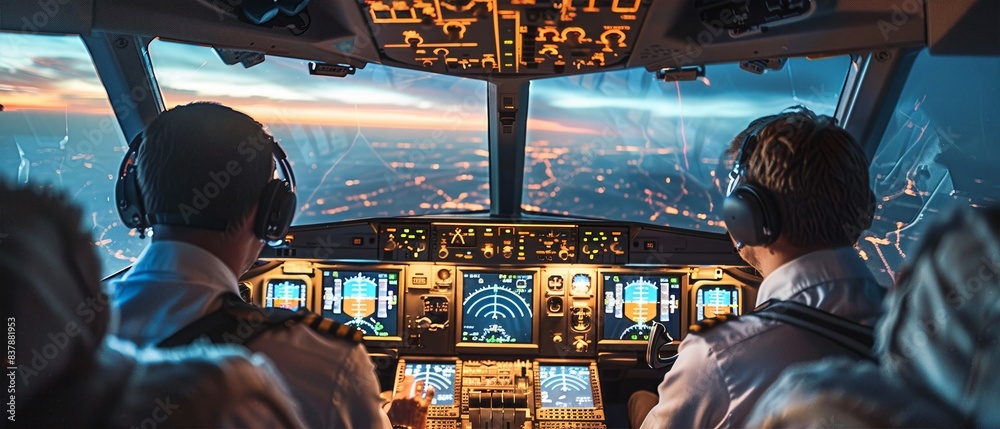 Two pilots in a modern airplane cockpit navigating the controls during ...