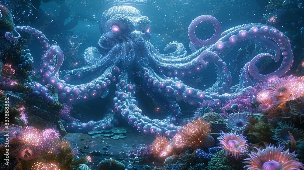 A formidable kraken rising from a deep ocean cove filled with bioluminescent algae, its ...