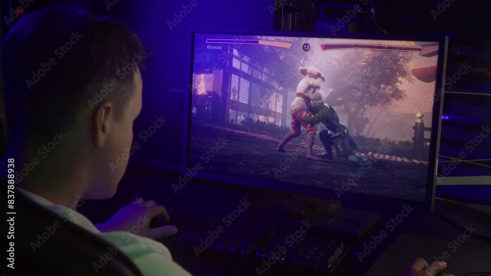 Gamer Playing Fighting Game As Ninja Character. Gamer Playing On Modern ...