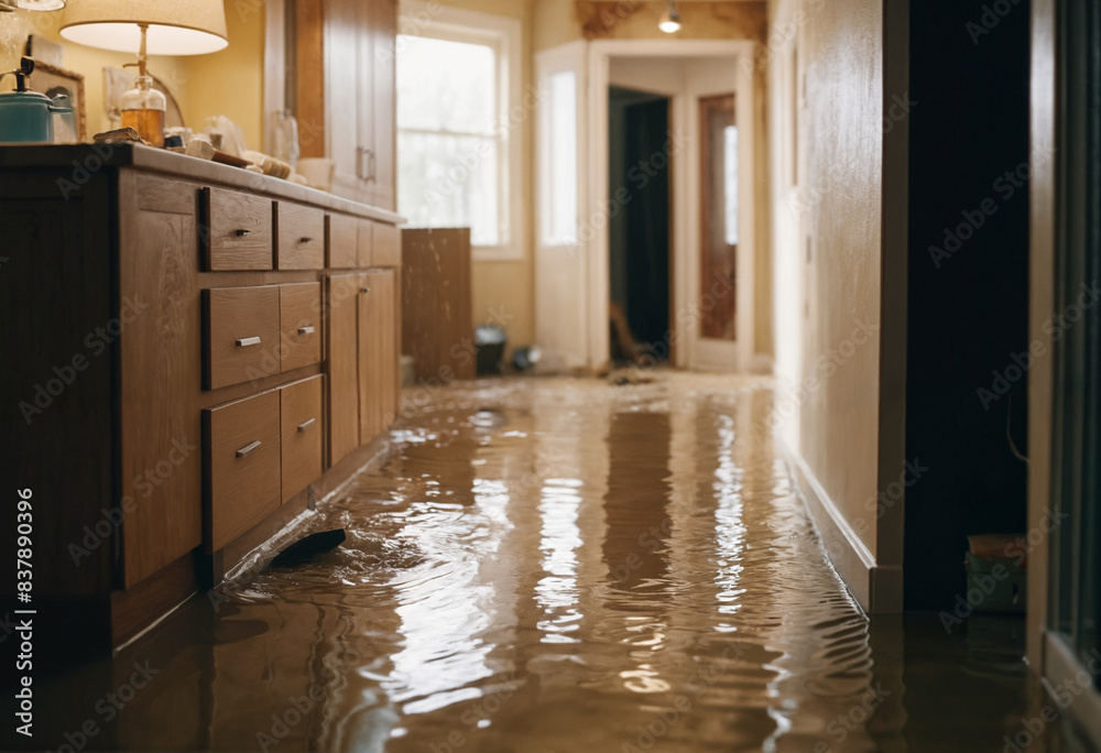 flooded room, flooded room interior, water is high in the house after ...
